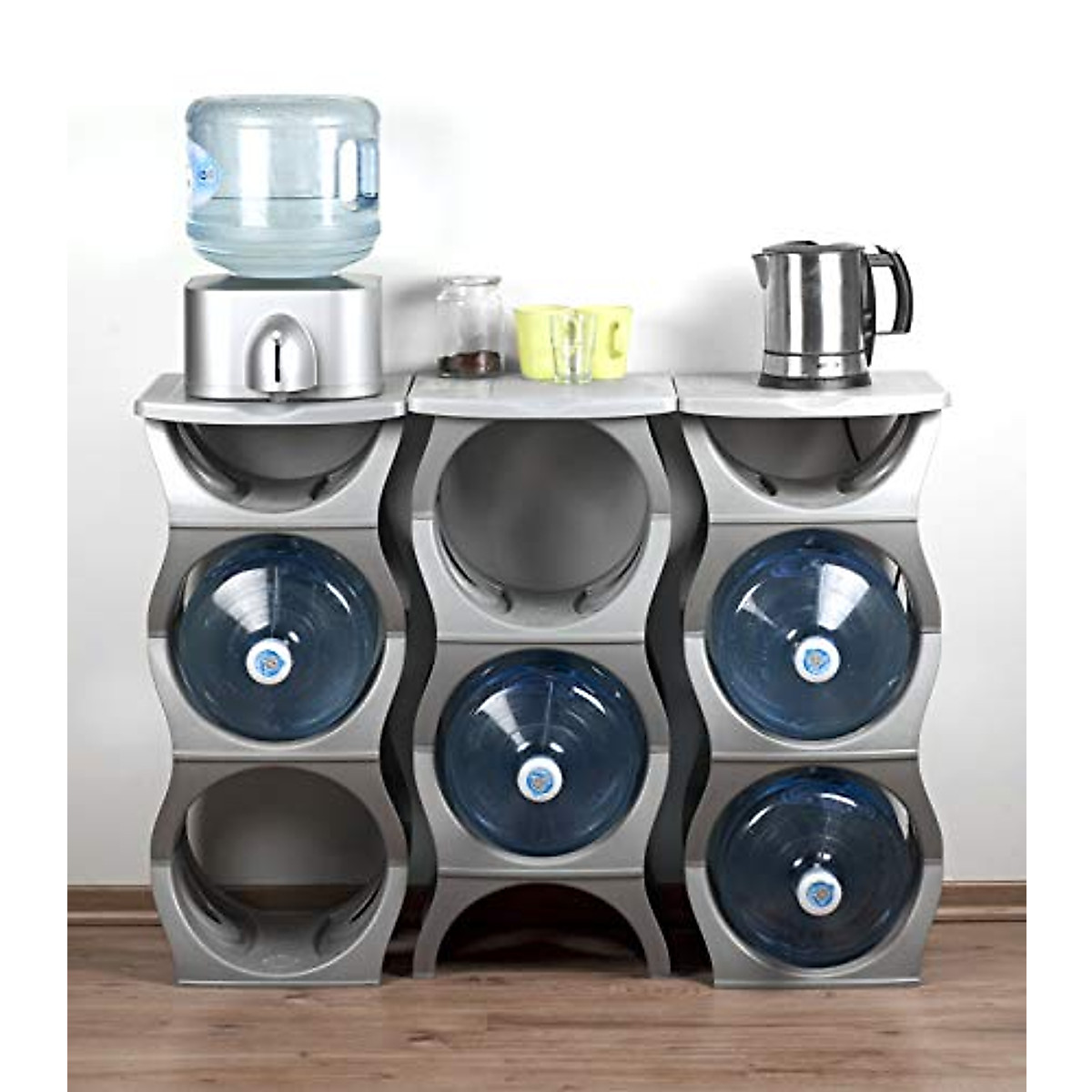 Stackable Water Bottle Storage Rack Best Water Jugs 5 Gallon Organizer. Jug Holder for Kitchen, Cabinet and Office Organizing. Reinforced Polypropylene (3 Plus Shelf, Black)