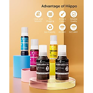 Hiipoo 580ML Sublimation Ink for EcoTank Supertank Inkjet Printer ET-2400 ET-2720 ET-2760 ET-2800 ET-2803 ET-2850 ET-3760 ET-4800 ET-15000 Heat Press Transfer on T-Shirt (Autofill/ICC-Free/Anti-UV)