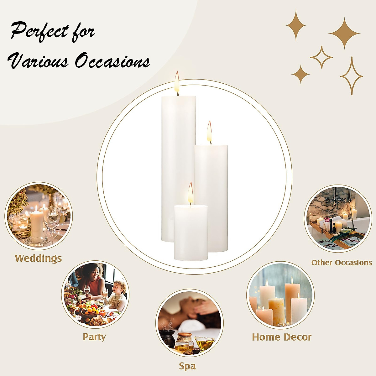Nuogo 24 Pcs Ivory Pillar Candles Bulk Set of 3 Long Burning Wax Pillar Candles 2 in x 3, 6, 8 Inch Dripless Unscented Smokeless Candles for Wedding Party Spa Lantern Fireplace Home