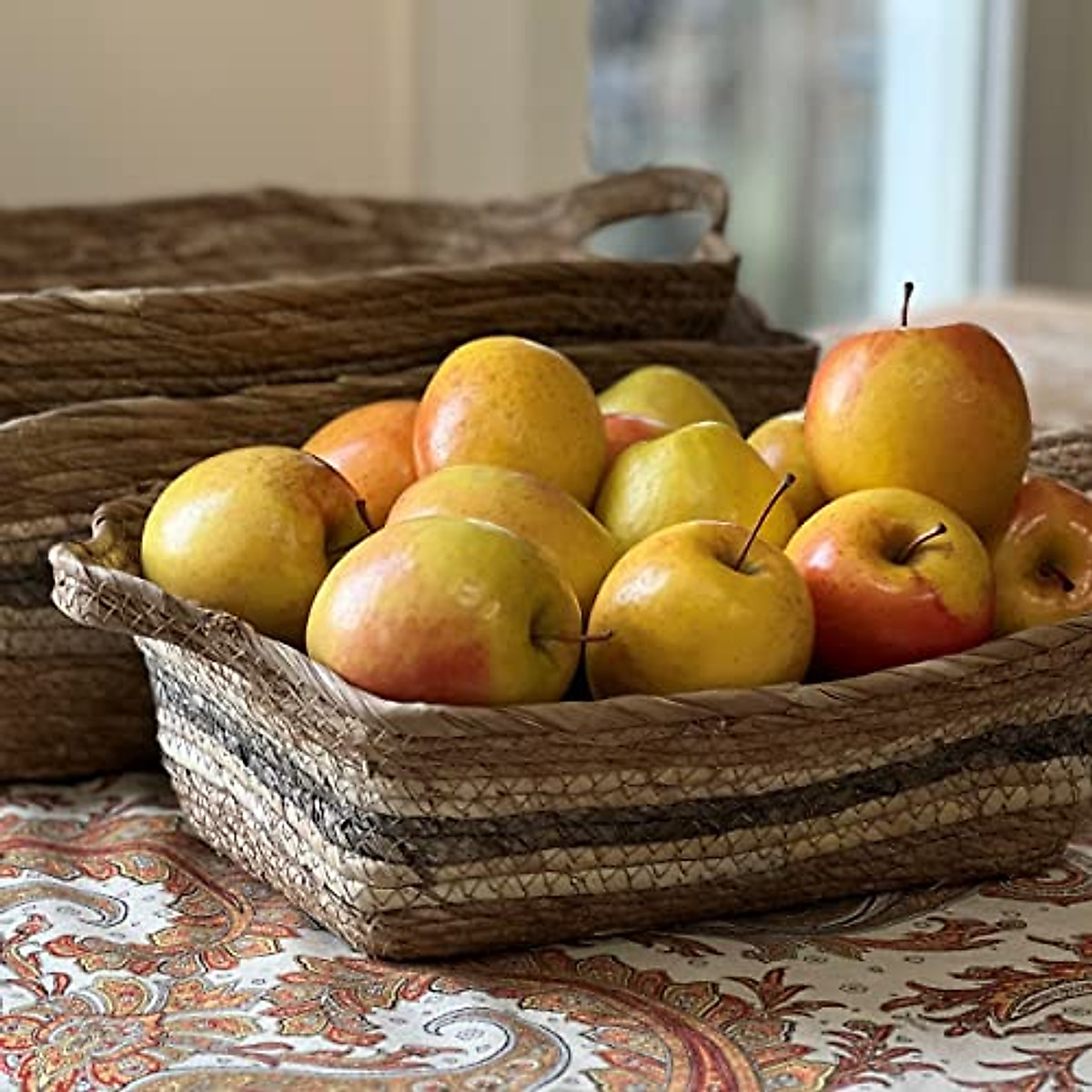 Coastal Grey Stripes 3 Piece Basket Set, Rectangular, Shelf Organizers, Corn Husk Wicker, Durable Chunky Rope Weave, 15.75, 18.5, and 19.25 Inches