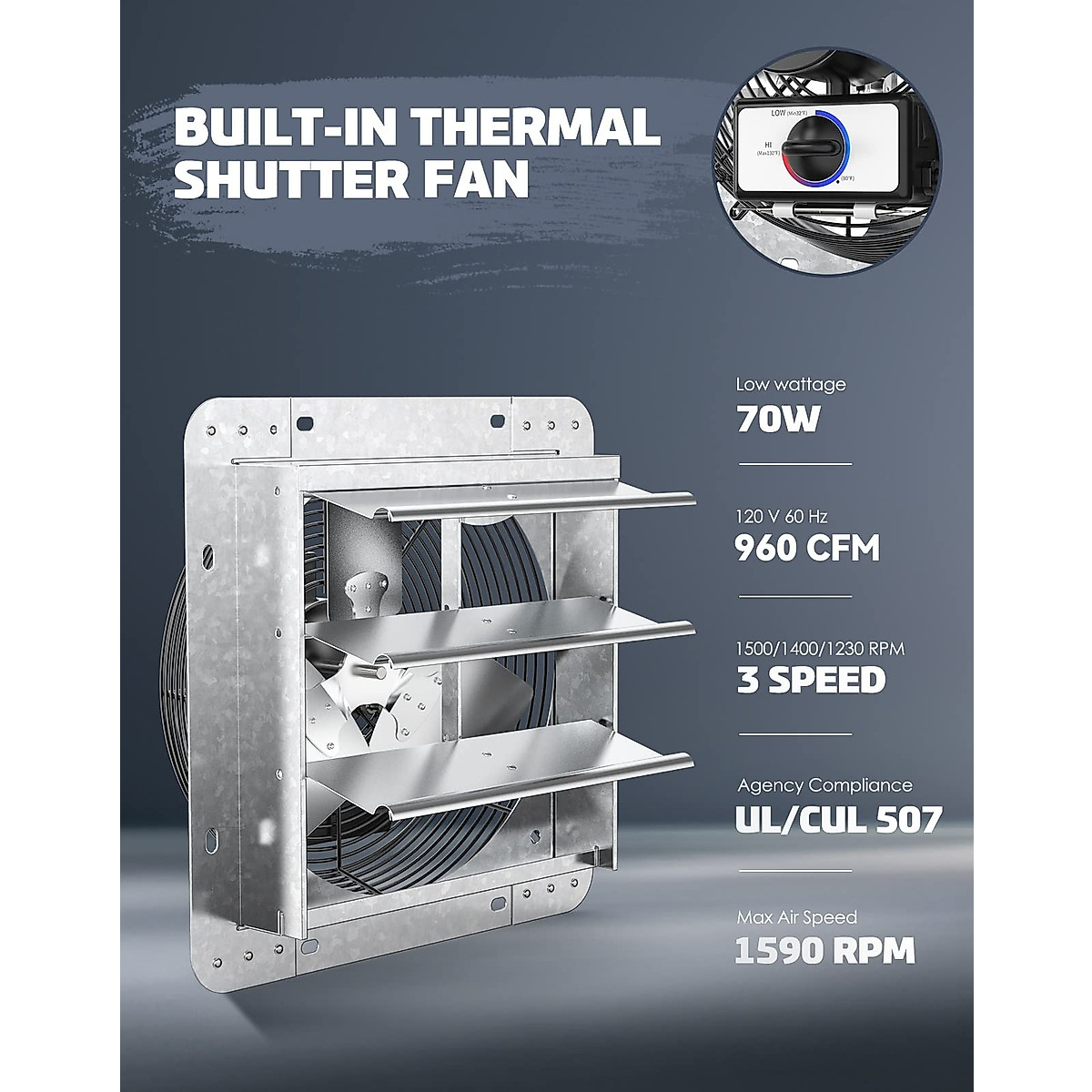 iLIVING 12" Wall Mounted Shutter Exhaust Thermostat Control-3 Speeds Vent Fan For Home Attic, Shed, or Garage Ventilation, 960 CFM, 1200 SQF Coverage Area, Variable, Silver