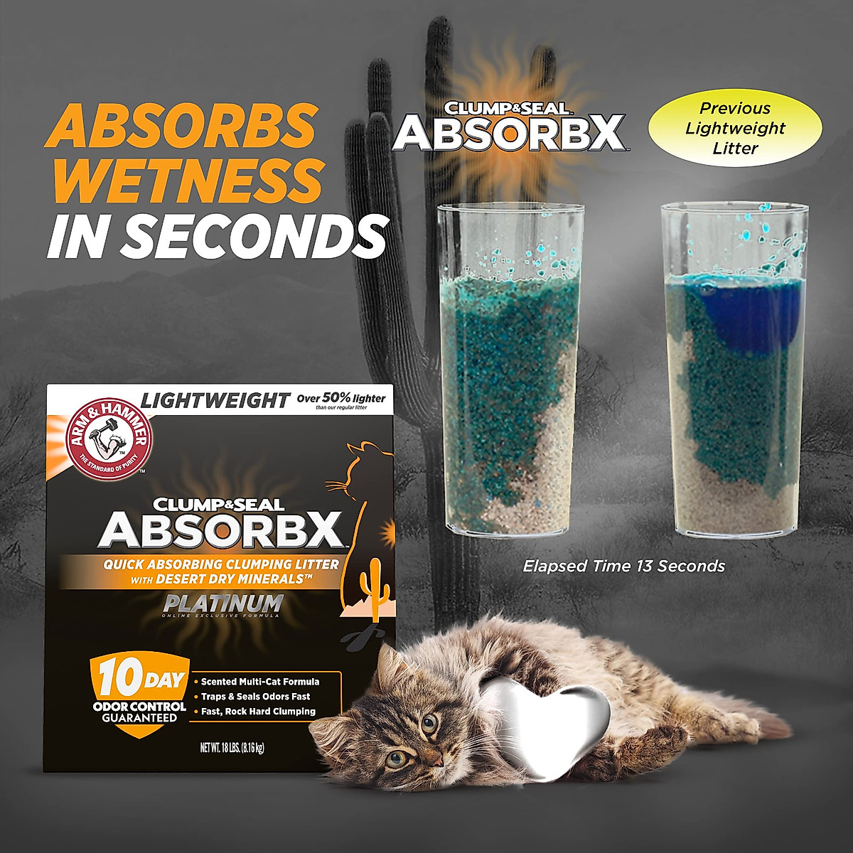 ARM & HAMMER Clump & Seal AbsorbX Platinum Lightweight Quick Absorbing Scented Multi-Cat Clumping Cat Litter with 10 Days of Odor Control, 18 lbs.