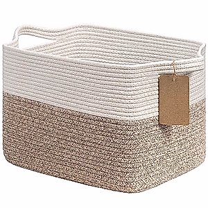 Goodpick Woven Storage Basket for Shelves, Cotton Rope Dog Toy Bin, Empty Gift Basket with Handles, Square Baskets for Storage Shelves, Brown and White Storage Bin, 13.5 x 11 x 9.5 Inches