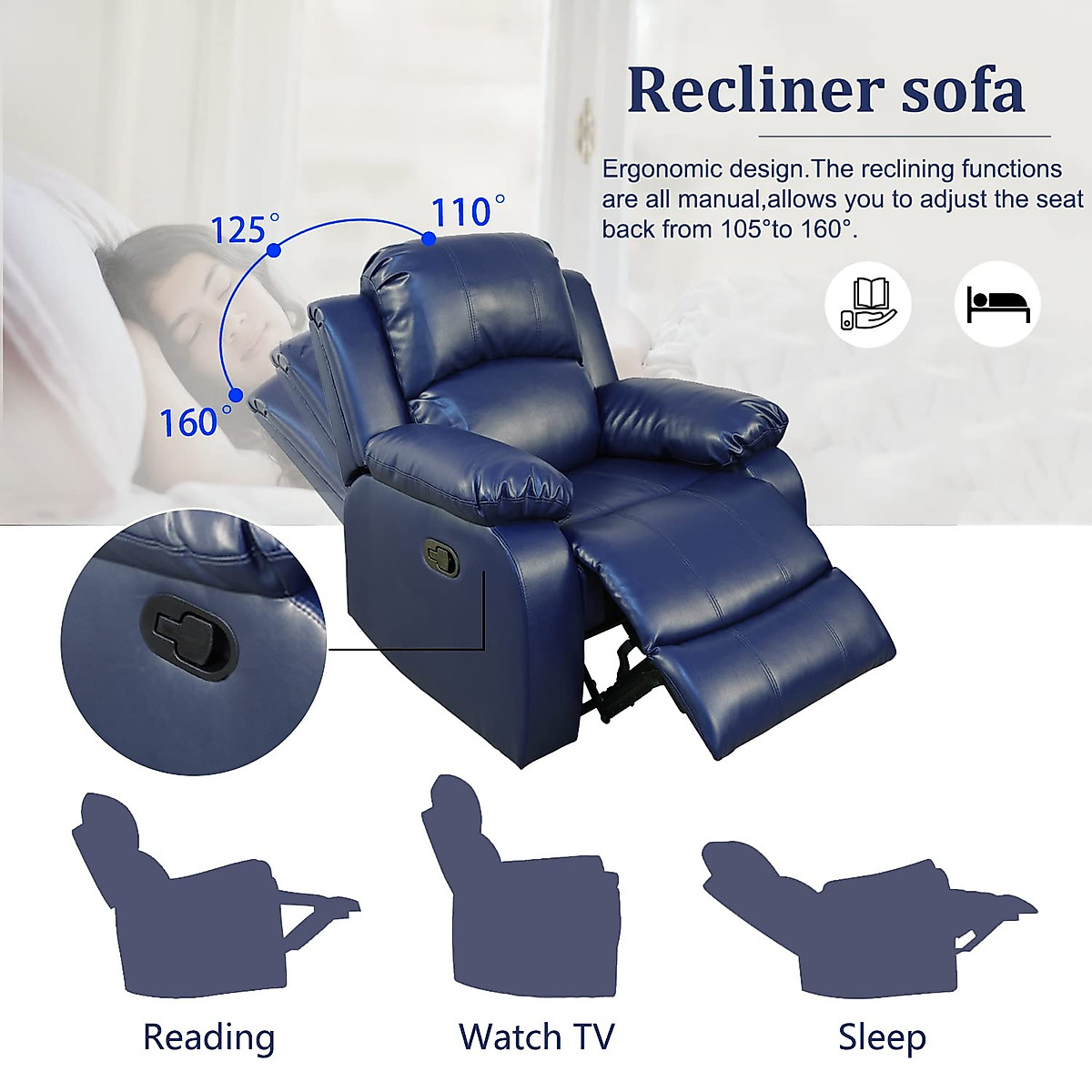 Ocstta Manual Leather Recliner Sofa Set for Living Room Furniture Set,Leather Recliner Couch Set for Home/Office,Leather Couch Set for 3-Pieces(Sofa+Loveseat+Chair) Blue