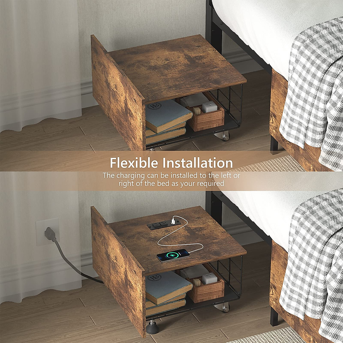 Meitewei Queen Bed Frame with 4 Storage Drawers and 2 Nightstands, Bed Frame with LED Headboard and Charging Station, Metal Platform Bed Frame, No Box Spring Needed, Vintage Brown