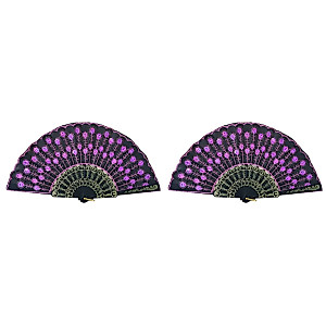 DECHOUS 2pcs Embroidered Sequin Fan Dancing Fans Hand Fans for Women Foldable Fan Sequin Fabric Hand Fan Embroidered Sequin Handheld Fan Folding Fan Vintage Miss The Fabric Purple