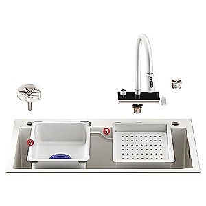MBROS Kitchen Sink, 304nm Stainless Steel Household Sink Under The Counter, White Digital Display Flying rain Waterfall Large Single Sink, Pull Out hot and Cold Water Faucet (Color : B61, Size :