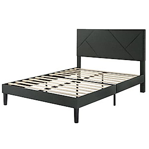 IMUsee Full Size Bed Frame, Upholstered Bed Frame with Geometric Headboard, Heavy Duty Mattress Foundation with Wooden Slats, Easy Assembly, Dark Grey
