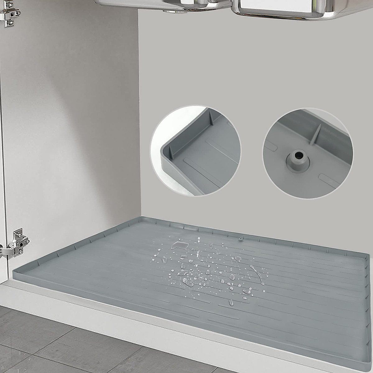 Under Sink Mat Waterproof Silicone Kitchen Cabinet Tray 34'' x 22'' Under Kitchen Sink Mats and Protectors with Drain Hole for Drips Leaks Spills in Kitchen Bathroom