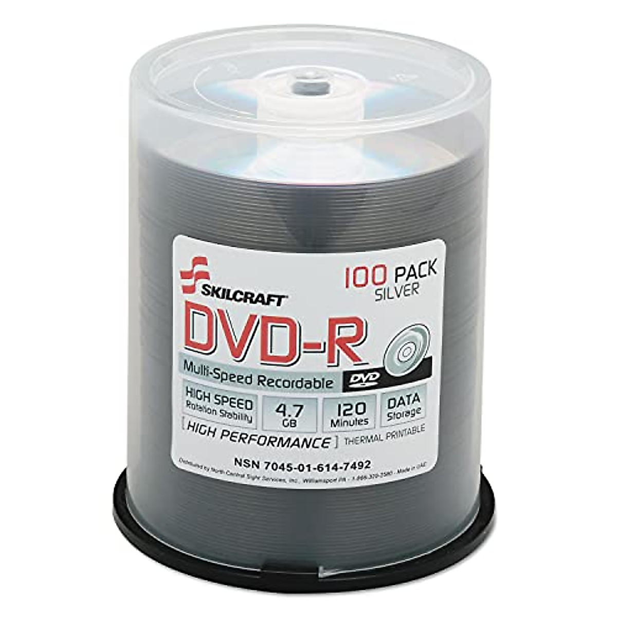 AbilityOne - 7045016147492 - SKILCRAFT® 4.7GB DVD-R 100 Pack with Spindle - 100 Units