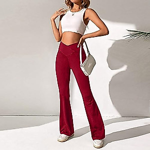 HRSTUYL Linen Pants Sun Protection Pants Linen Pants Women's Fashionable Elastic Waistband Speaker Solid Color Casual Patchwork Pants(2-Vermilion,XL)