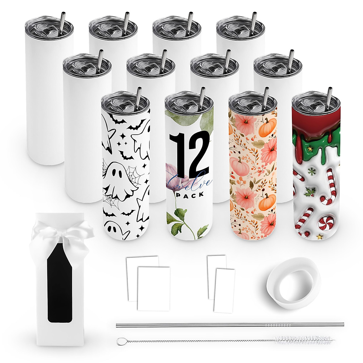 Hogg 20oz Edge Sublimation Tumbler Gift Set (12 Units), Sublimation Cups with Lids Straws and Accessories, Double Wall Insulated Stainless Steel Sublimation Blanks, 20 oz Skinny Tumblers Bulk