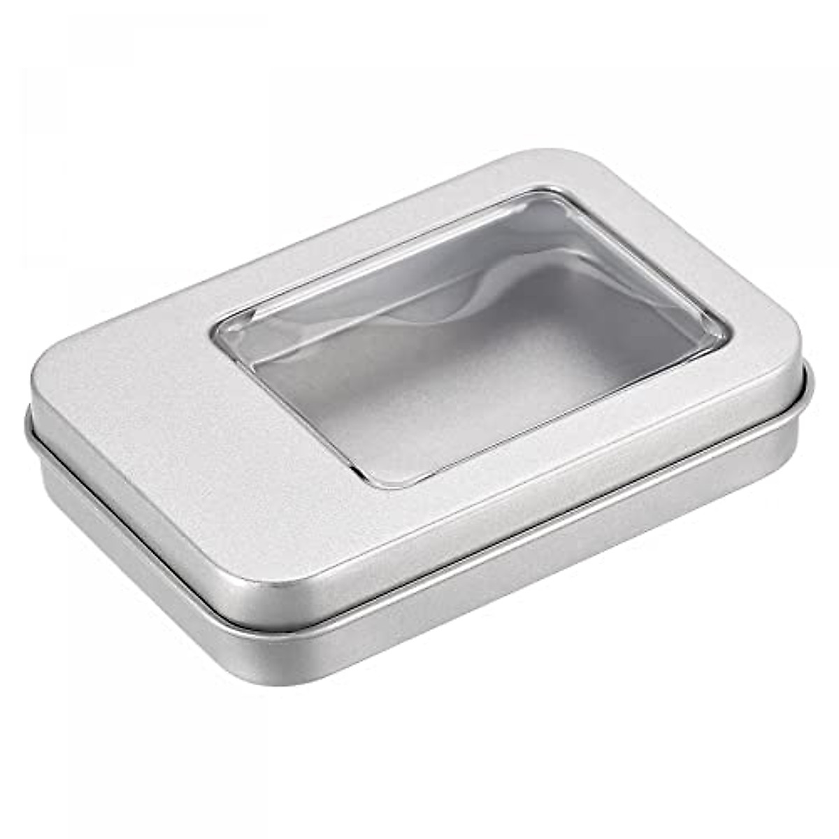 uxcell Metal Tin Box, 12pcs 3.43" x 2.36" x 0.71" Rectangular Empty Tinplate Storage Containers with Clear Window Lids, Silver Tone