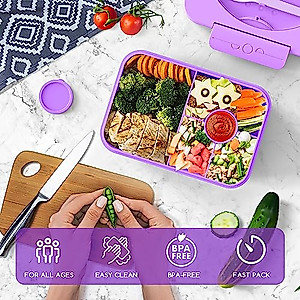Lunch Box Kids, Bento Box, 1350ML Bento Lunch Box for Kids, Lunch Containers with 5 Compartments Utensils Food Picks Cake Cups, Leak-proof Bento Box Adult Lunch Box for Boys Girls Toddler, Purple