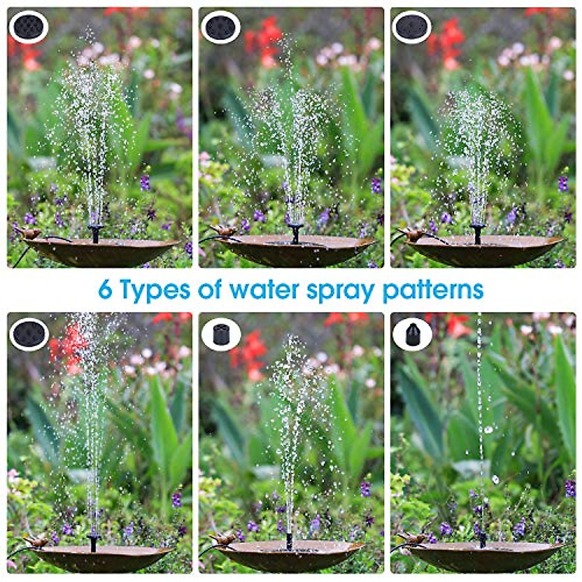 AISITIN 5.5W Solar Fountain Pump Built-in 1500mAh Battery, Solar Bird Bath Fountain with 6 Nozzles, Solar Floating Water Fountain Pump for Bird Bath, Fish Tank, Pond, Garden and Outdoor