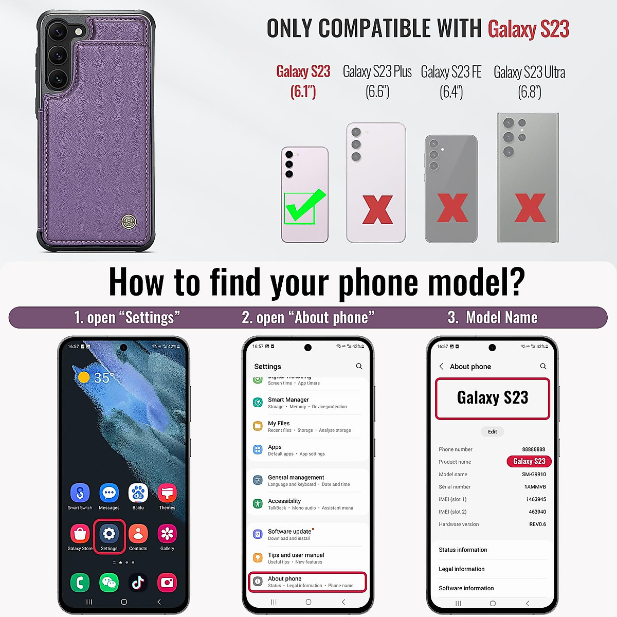 Vinich for Samsung Galaxy S23 Case with Card Holder, for Samsung S23 Wallet Case for Women Men with RFID Blocking, Durable Kickstand Shockproof Phone Case for Galaxy S23 5G, Purple