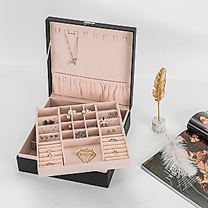 Smileshe Jewelry Box for Women Girls, PU Leather Organizer Boxes with Lock, 2 Layers Large Display Storage Case for Rings Earrings Necklaces Bracelets