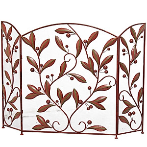 Deco 79 Metal Foldable Mesh Netting 3 Panel Fireplace Screen with Leaf and Vine Relief, 45" x 1" x 30", Brown