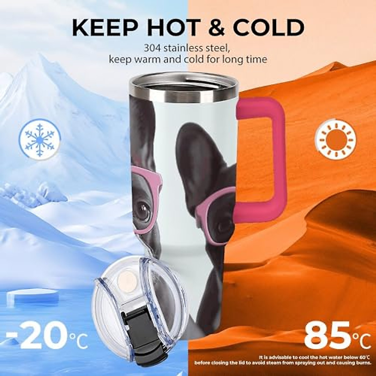 40 Oz Vacuum Tumbler with Light Rose Red Handle Leakproof Insulated Tumbler French Bulldog Pink Glasses Stainless Steel Travel Mug with Lid And Straw Coffee Cup Cute Water Bottles Cup Holder Friendly