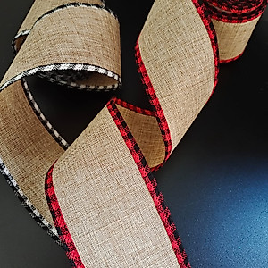 2 Rolls Glitter Buffalo Plaid Wired Edge Ribbons for Valentine's Day Gifts, Burlap Fabric Craft Natural Wrapping Ribbon Rolls with Checkered Edge for Christmas Party Box Wrapping Decor(1.5 x 216 Inch)