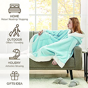 Degrees of Comfort Angel Wrap Wearable Hooded Blanket | Sherpa Lining Poncho Blanket with Hood and Pockets | Soft Plush Fleece Throw Blanket Cape | Cozy Blanket Shawl for Adults/Women Gift, Sky Blue