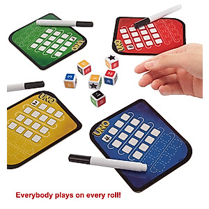 Mattel Games ​UNO Family Dice Game, with 6 Dice, 4 Dry Erase Boards and 4 Markers, Makes A Great Gift for 7 Year Olds and Up