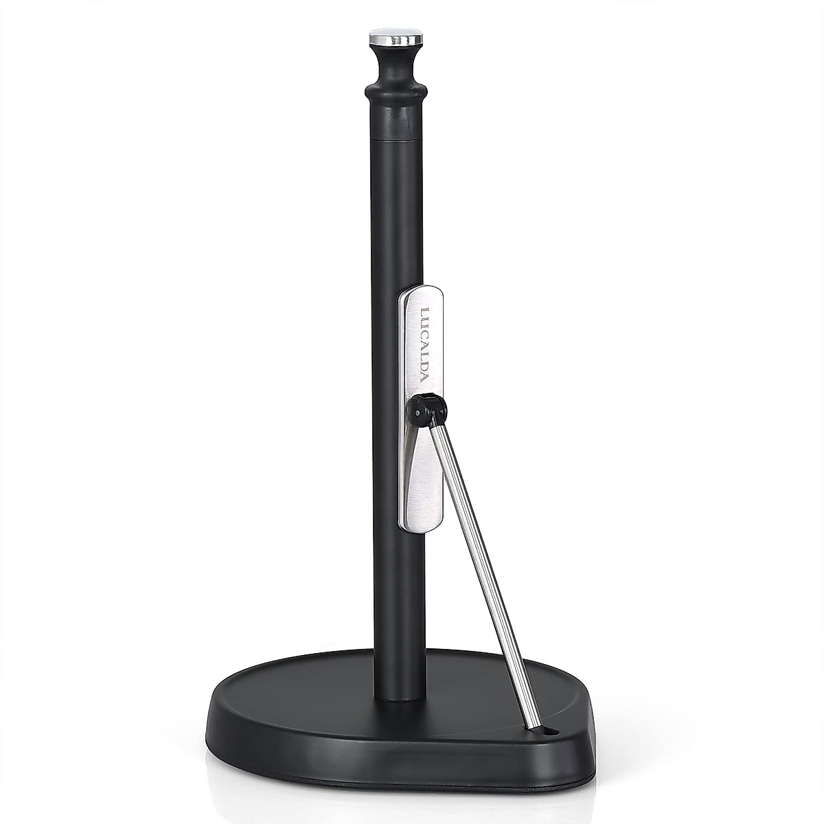 Lucalda Single Tear Paper Towel Holder Countertop, Stainless Steel Roll Dispenser Stand for Kitchen Countertop Dining Table Paper Towel Rack Easy to Tear with Weighted Base and Tension Arm, Black
