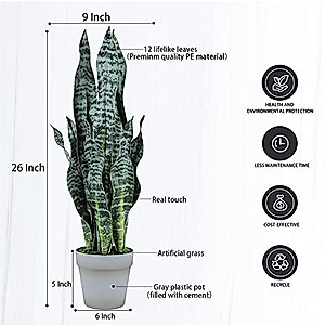 Artificial Snake Plant Faux Sansevieria 26 Inch for Indoor Outdoor Feaux Plants in Pot for Home Office Decoration Perfect Housewarming Gift