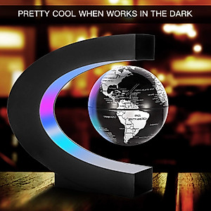 Gresus Magnetic Levitation Floating World Map Globe with C Shape Base, Floating Globe with LED Lights, Great Fathers Students Teacher Business Boyfriend Birthday Gift for Desk Decoration （Black)