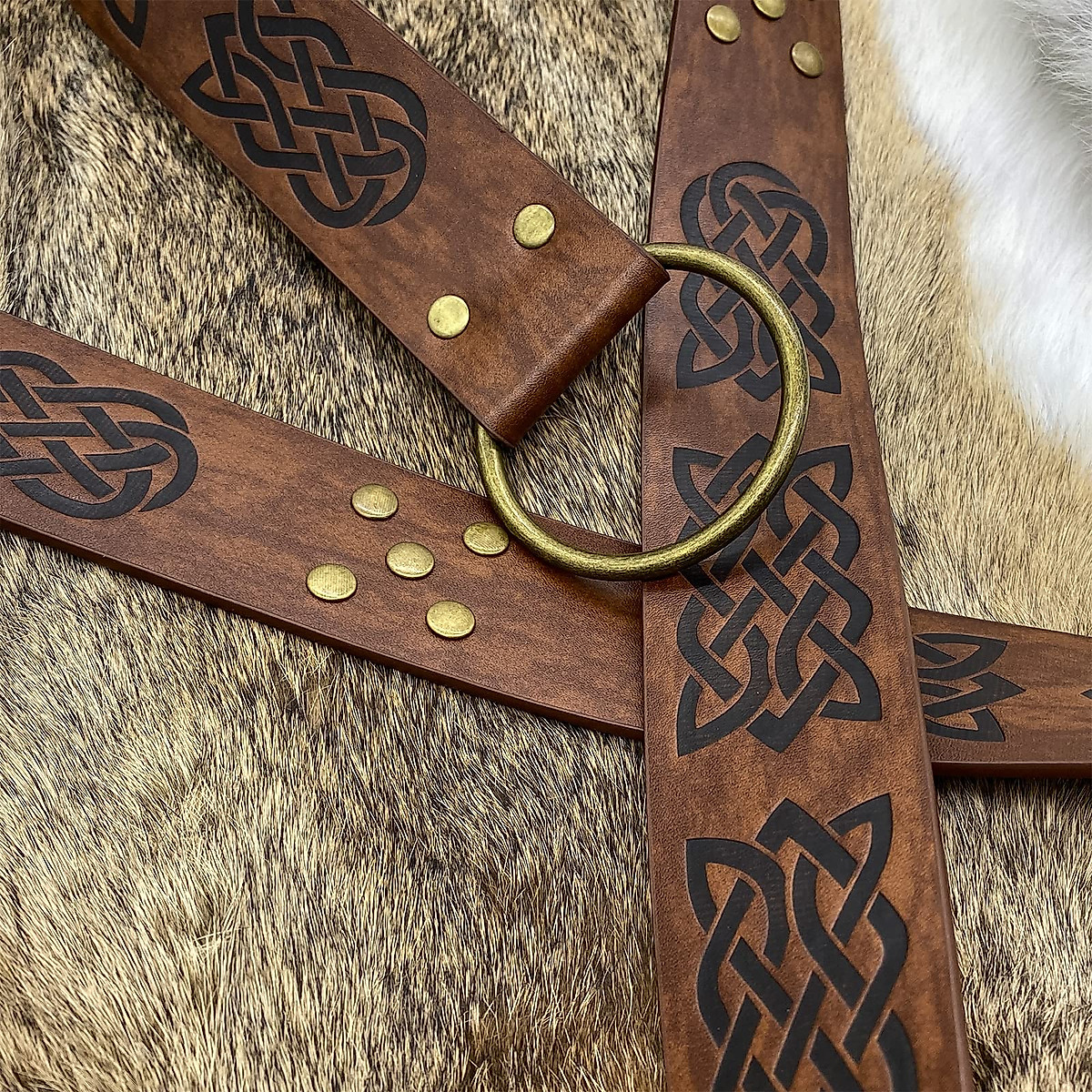 HiiFeuer Medieval Embossed PU Leather O Ring Belt, Retro Renaissance Knight Belt (Dark Brown C)