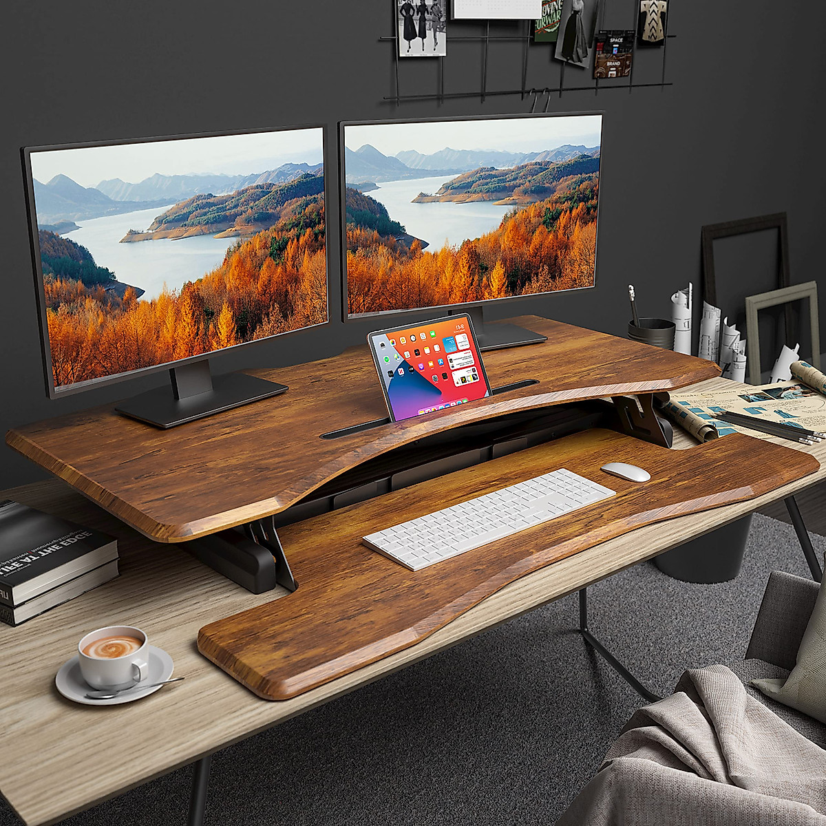 FEZIBO Height Adjustable Standing Desk Converter, 42 Inches Desk Riser, Sit Stand Desk Ergonomic Tabletop Workstation Rustic Brown