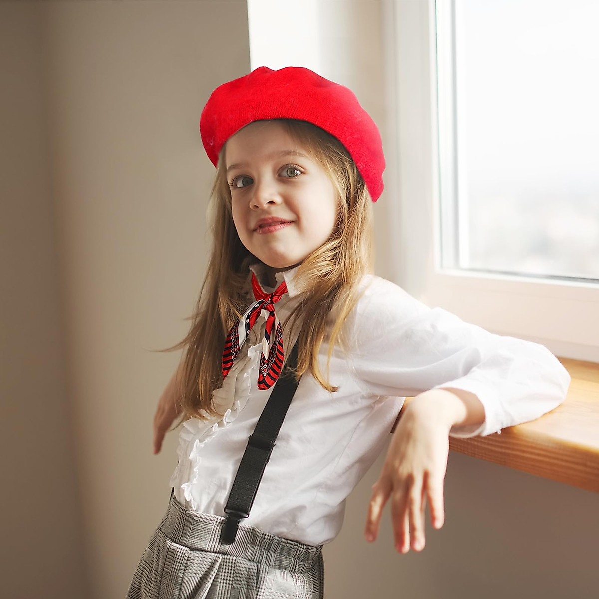 Shinymoon 24 Pcs Wool Beret Hat Bulk Winter Artist Beanie Beret Warm French Hat with Silky Neck Scarf for Women Girl Lady(Red, Elegant Style)