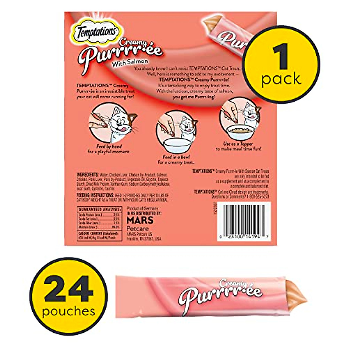 Temptations Creamy Puree with Salmon Lickable, Squeezable Cat Treats, 0.42 oz Pouches, 24 Count