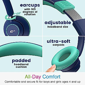 MEE audio KidJamz KJ45 Children’s Safe Listening Headphones with Volume Limiter & Microphone, Adjustable On-Ear Kids Headset Wired with 3.5mm Jack for Online Learning/School/Travel/Tablet (Blue/Teal)