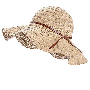 Women Sun Hat Summer Beach Straw Hat Wide Brim Foldable Cap UV UPF 50 Floppy Hat for Outdoor Travel (Khaki)