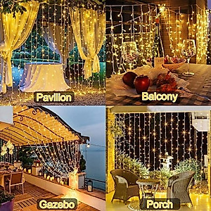 600 LED Solar Curtain Lights Outdoor Remote Control Gazebo Light 8 Modes Waterproof Waterfall Fairy Light String Window Wall Hanging Solar Patio Light Outside Wedding Party Christmas Decor, Warm