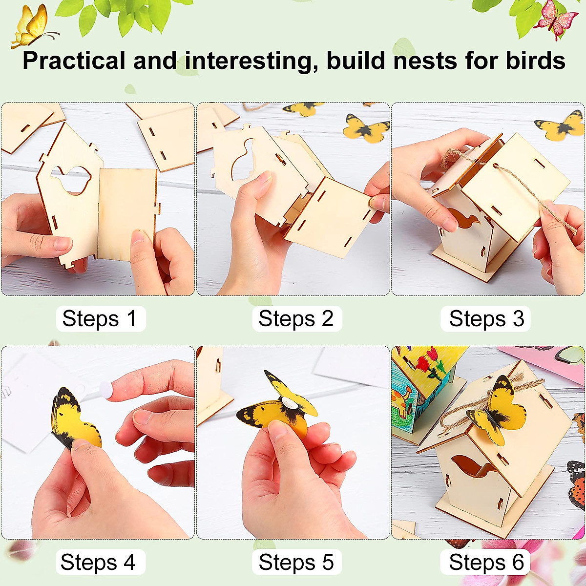 Outus Wooden DIY Craft Doodle Small Bird House Set Include Unfinished Wood Mini Bird House to Paint and Watercolor Paint Pen and 3D Butterfly Wall Sticker Decals for Kids Adults (15 Sets)