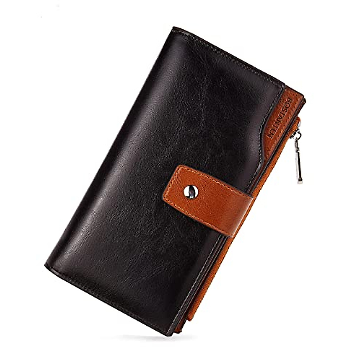 BOSTANTEN Leather Laptop Backpack Purses Casual College Casual Bags Daypack Black and Womens Leather Wallets RFID Blocking Large Capacity Credit Card Holder Phone Clutch Black with Brown