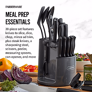 Farberware 30-Piece Spin-and-Store Knife and Kitchen Tool Set with Rotating Storage Caddy, High Carbon-Stainless Steel Kitchen Knives, Razor-Sharp Knife Set, Black