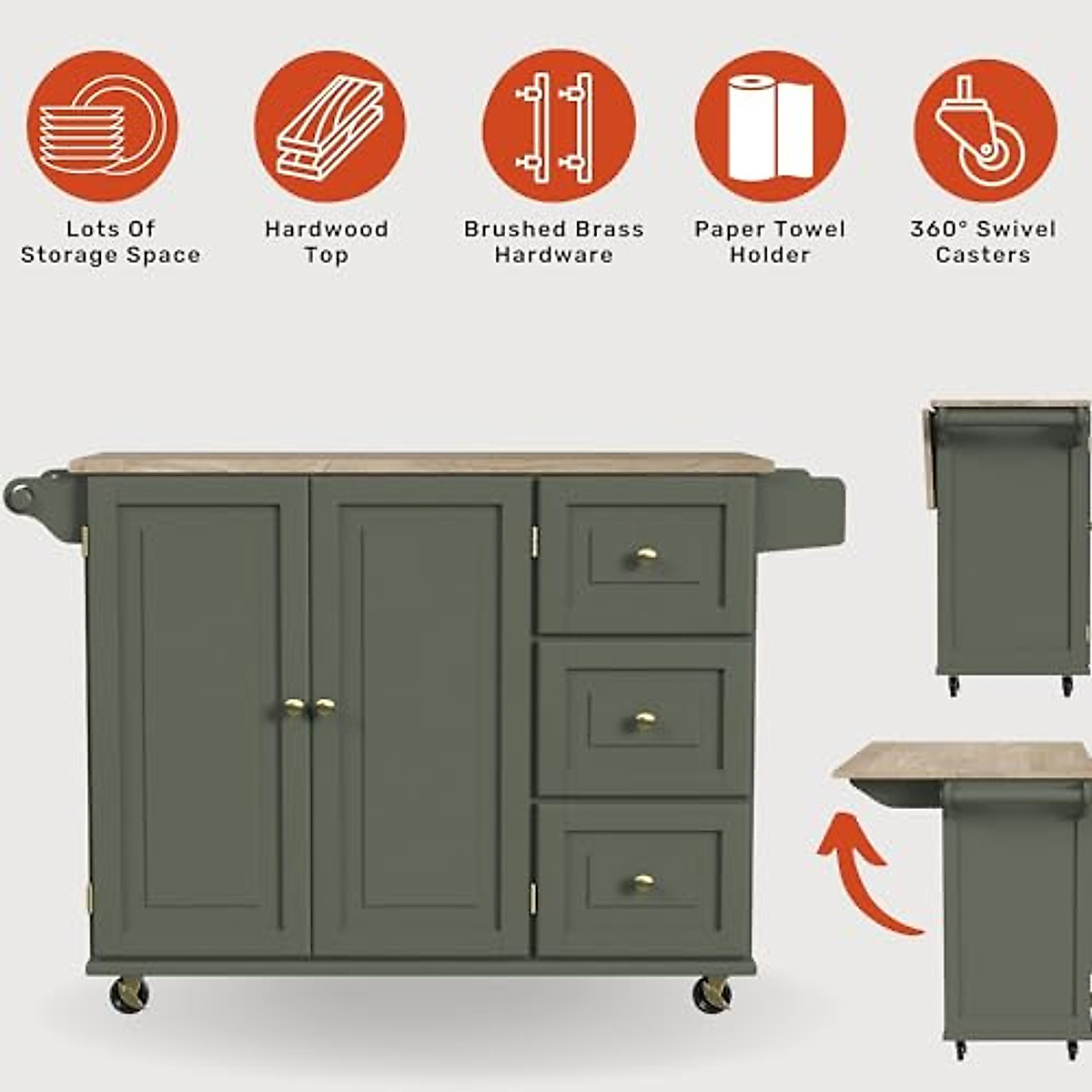Homestyles Mobile Kitchen Island Cart with Wood Top and Dropleaf Breakfast Bar, 18" D x 53.5" W x 36" H, Green