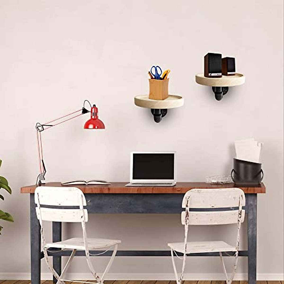 Round Oak Solid Wood Rustic Floating Shelves, Deep Wall Hanging Shelf with Metal Industrial Pipe Brackets, 7.1 inches Diameter. Room Home Décor, Kitchen, Bedroom, Bathroom Storage (2 Pack)