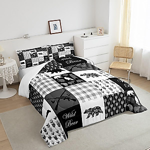 jejeloiu Bear Comforter Set Twin Size Kids Black White Buffalo Check Comforter for Boys Girls Teens Boho Arrow Camo Farmhouse Bedding Set Breathable Wild Animal Duvet Set Room Decor Quilt Set