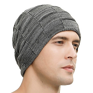 Vgogfly Slouchy Beanie for Men Winter Hats for Guys Cool Beanies Mens Lined Knit Warm Thick Skully Stocking Binie Hat Black/Dark Grey