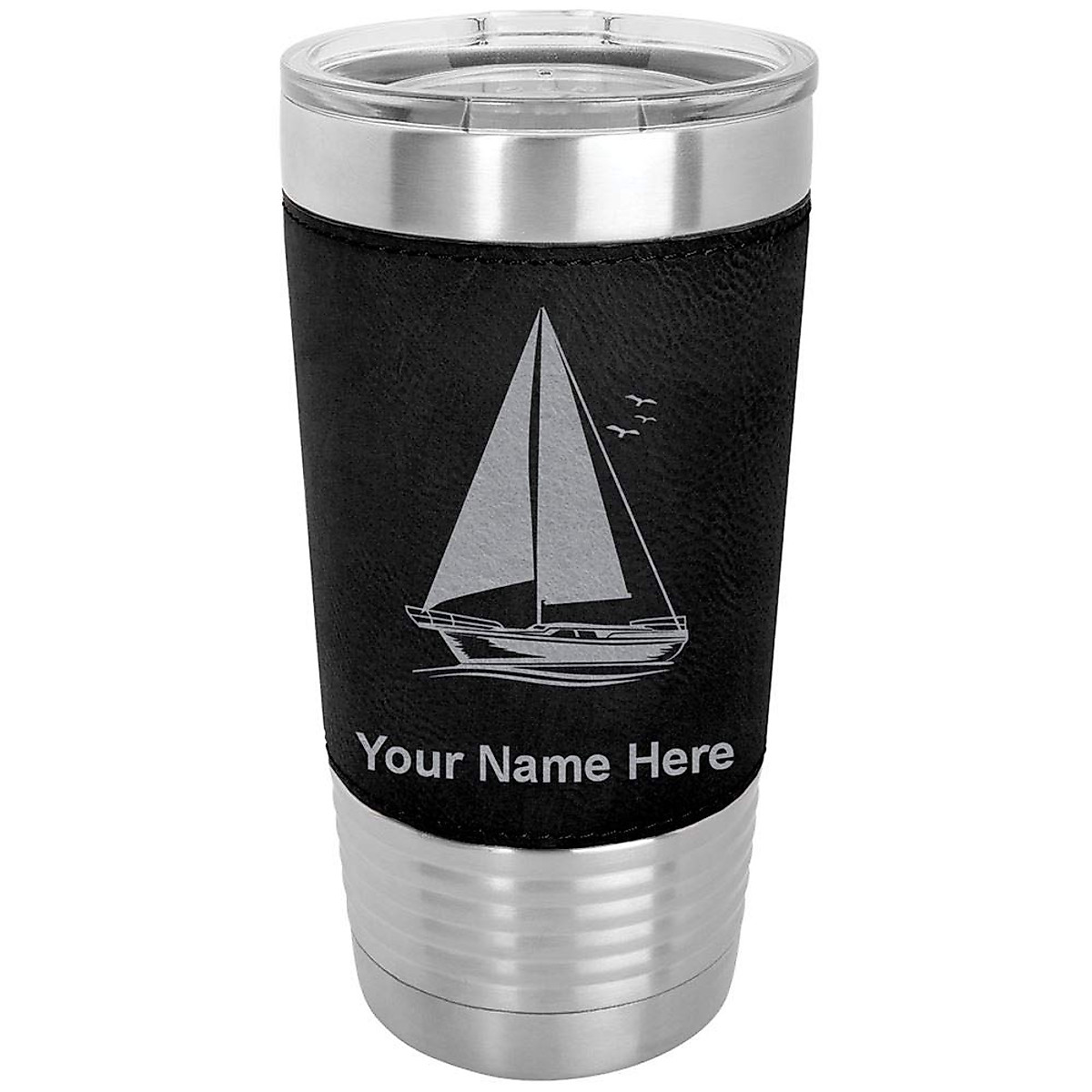 LaserGram 20oz Vacuum Insulated Tumbler Mug, Sailboat, Personalized Engraving Included (Faux Leather, Black)