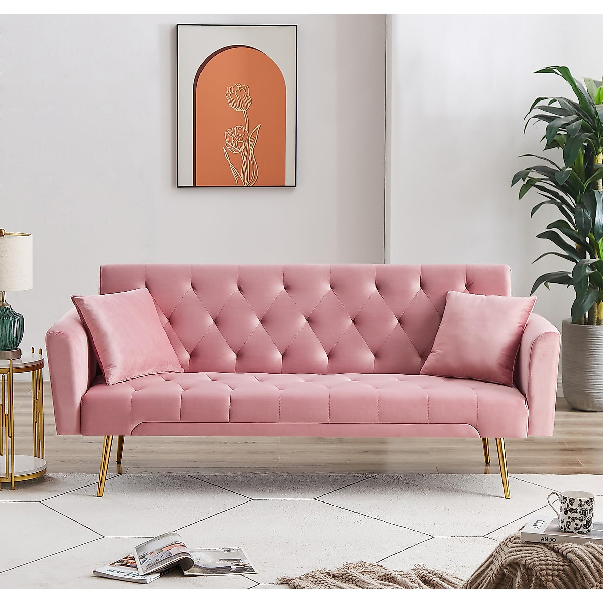 Pink Velvet Sofa Bed with 3 Adjustable Backrests, Chrome Legs - Convertible, Folding Sleeper Couch for Living Room, Office