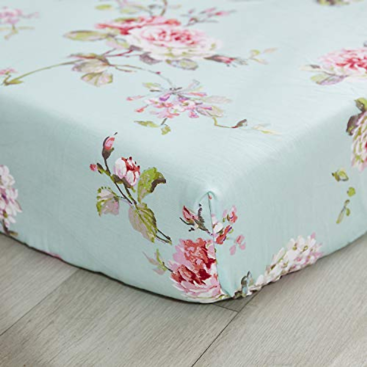 Brandream French Country Fitted Crib Sheet, Hydrangea Rose Floral 100% Organic Cotton Baby Crib Sheet for Standard Crib and Toddler Mattresses (Blue-Green)
