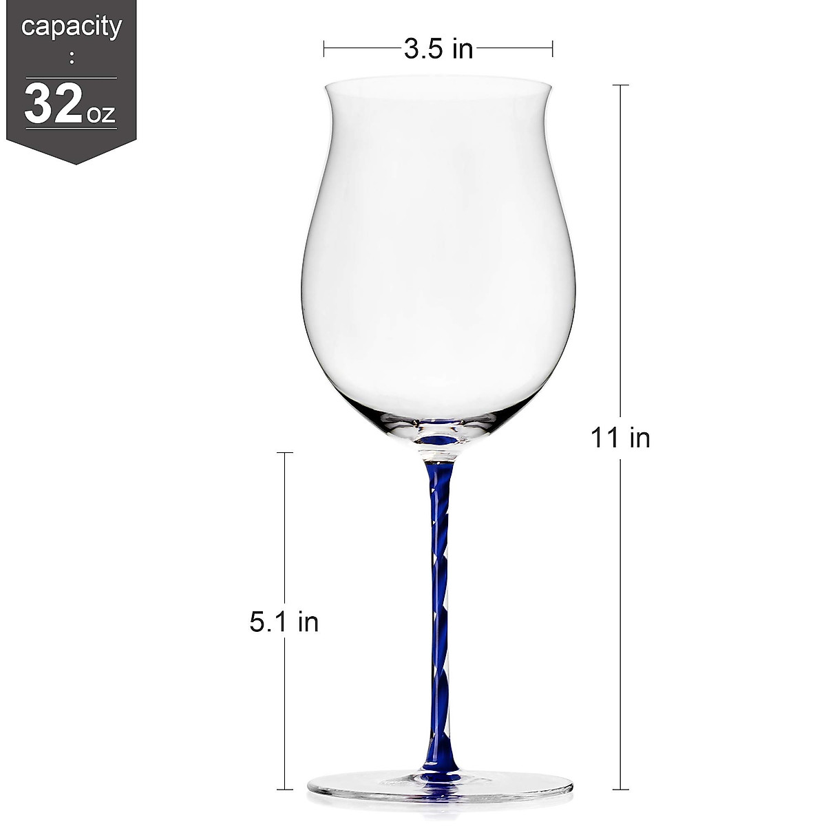 LUXU Wine Glasses(32oz) with Long Blue Stem & Clear Base,Luxury Crystal Red & White Wine Glasses Set of 2, Hand Blown,New World Designed Goblet in Premium Box,Perfect idea for Wine Lovers