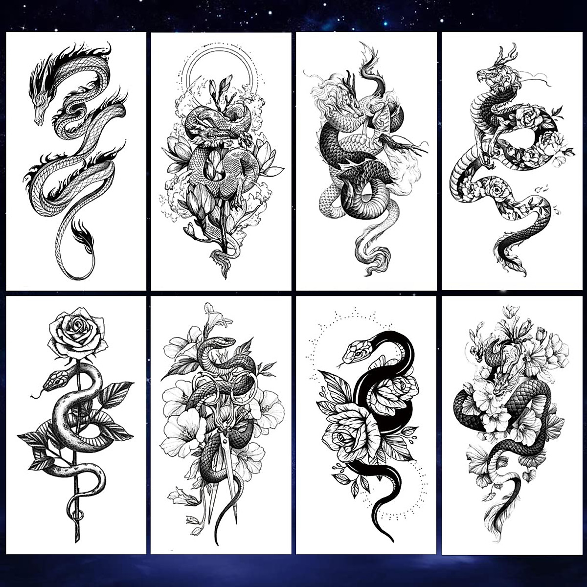 Oottati 8 Sheets Waterproof Arm Leg Fake Temporary Tattoo Dragon Snake Cross Rose Flower