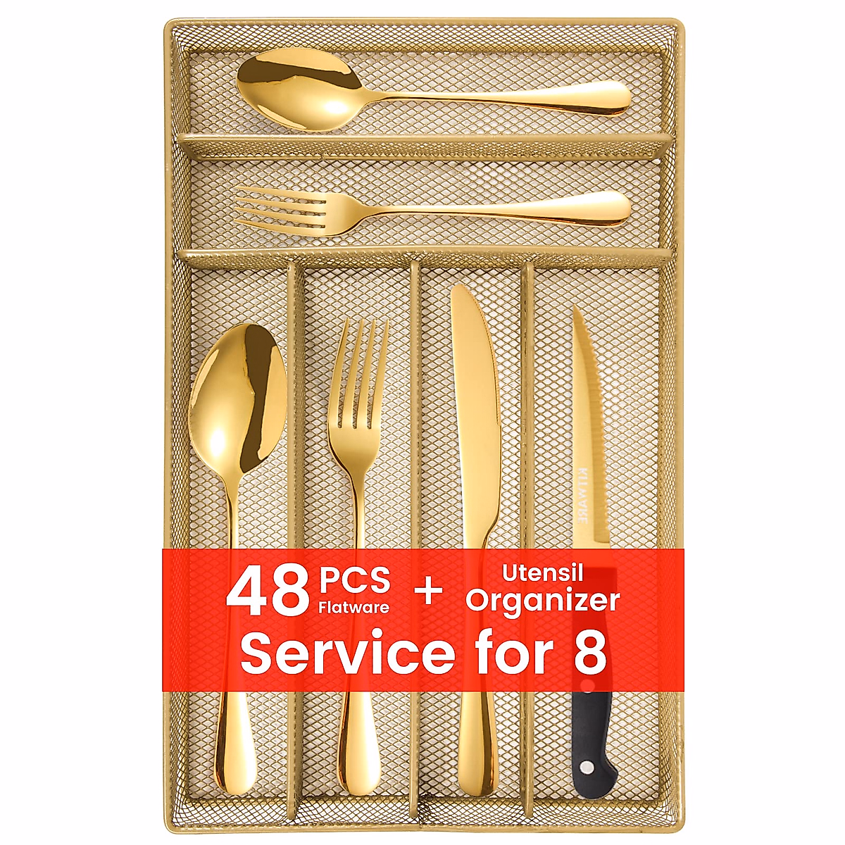48 pcs Gold Silverware Set with Organizer, Stainless Steel Flatware with Steak Knife for 8, Kitware Utensil Cutlery with Metal Tray, Home Kitchen Knife Fork Spoon, Mirror Polished