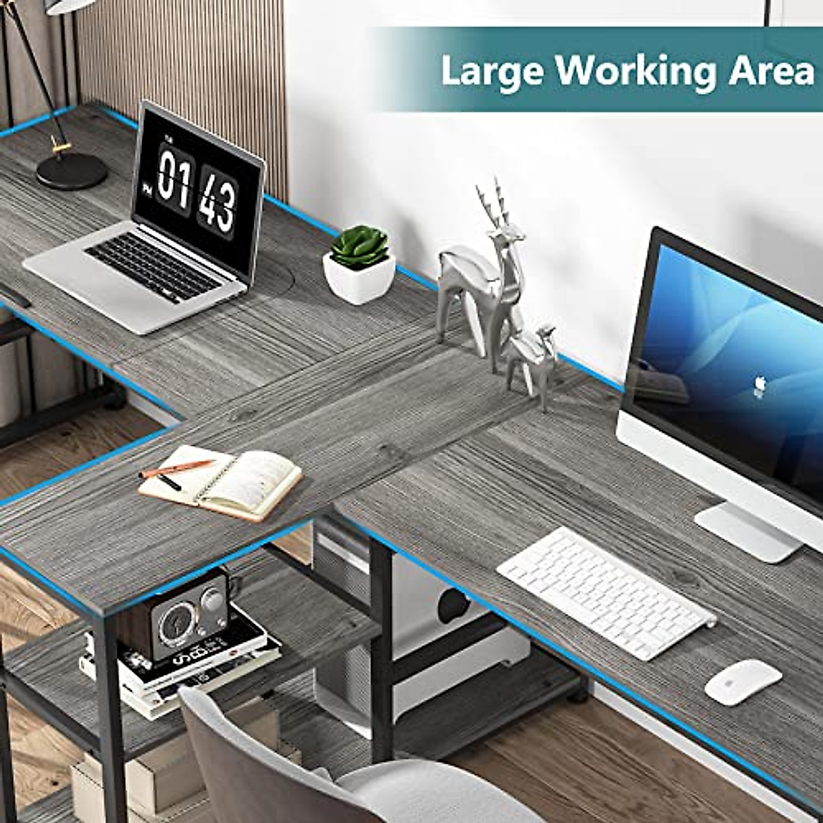 Tribesigns 94.5 inch Two Person Desk with Storage Shelves and Tiltable Tabletop, Double Computer Desk with Printer Shelf, Extra Long Double Workstation Desk Study Table for Home Office (Grey)